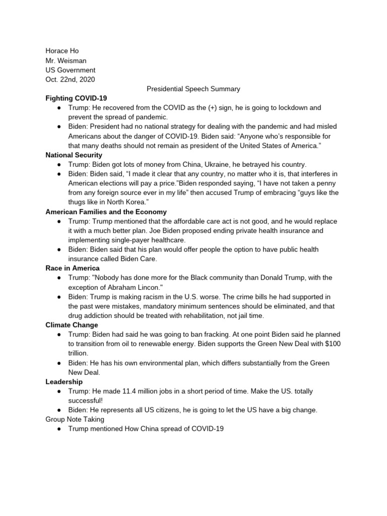 Presidential Speech Summary | PDF