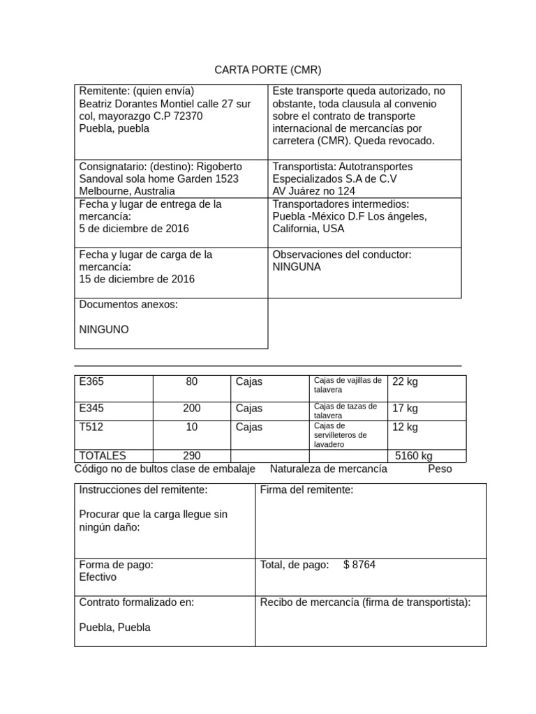 Carta Porte CMR: Detalles de Envío | PDF