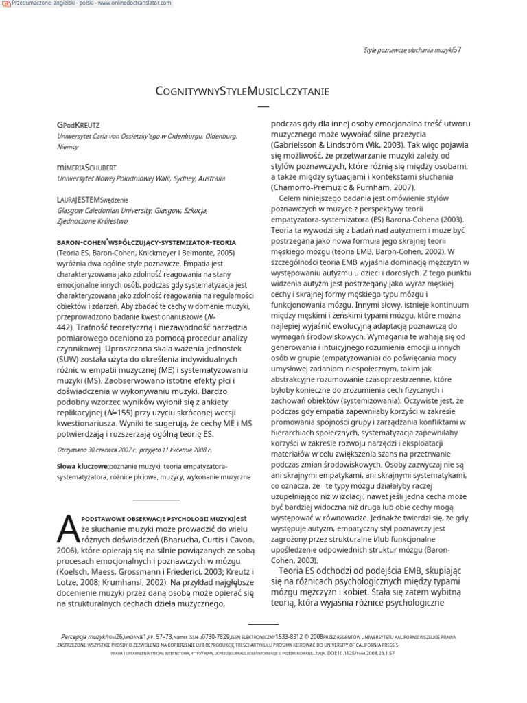 COGNITIVE STYLES OF MUSIC LISTENING - En.pl | PDF