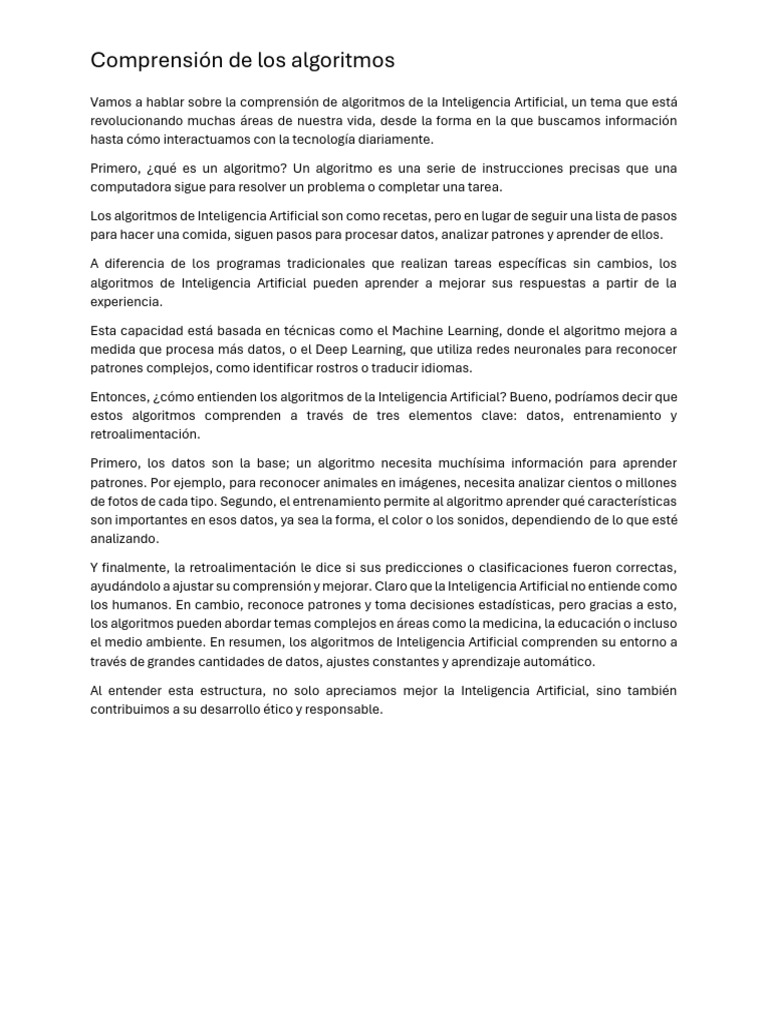 Algoritmos de IA: Comprensión y Aprendizaje | PDF