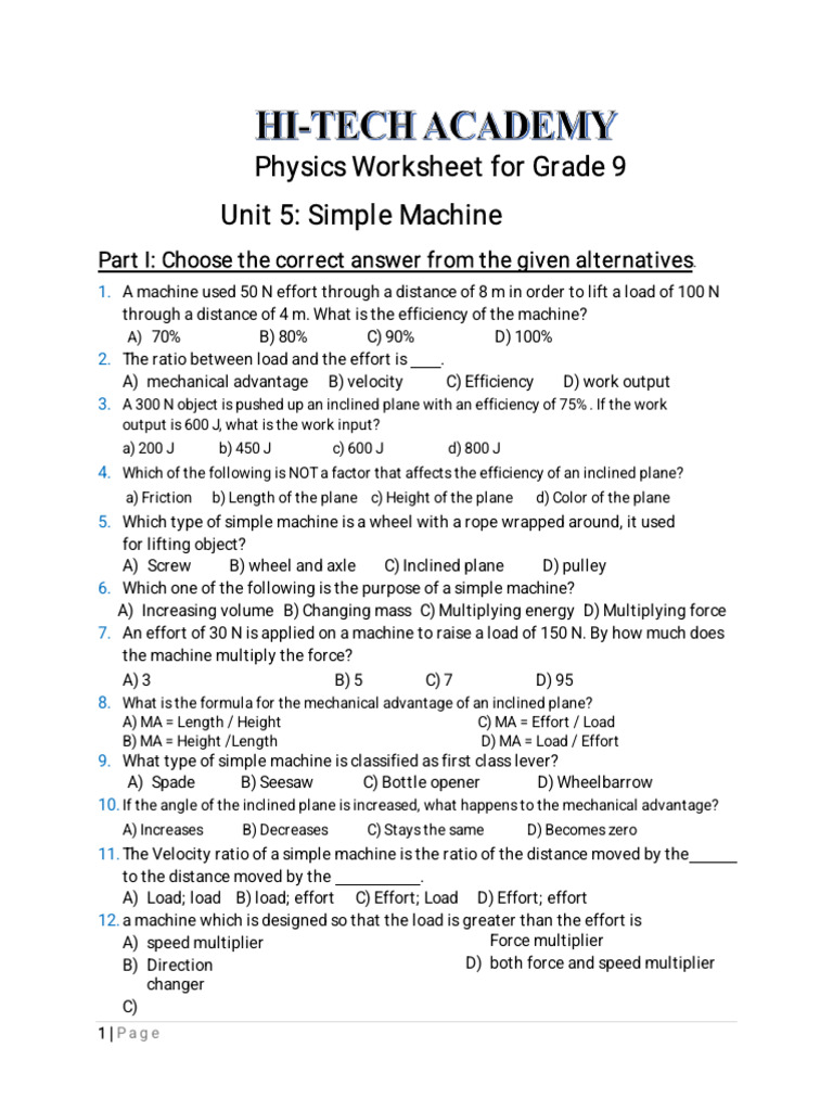 Grade 9 Physics: Simple Machines Worksheet | PDF