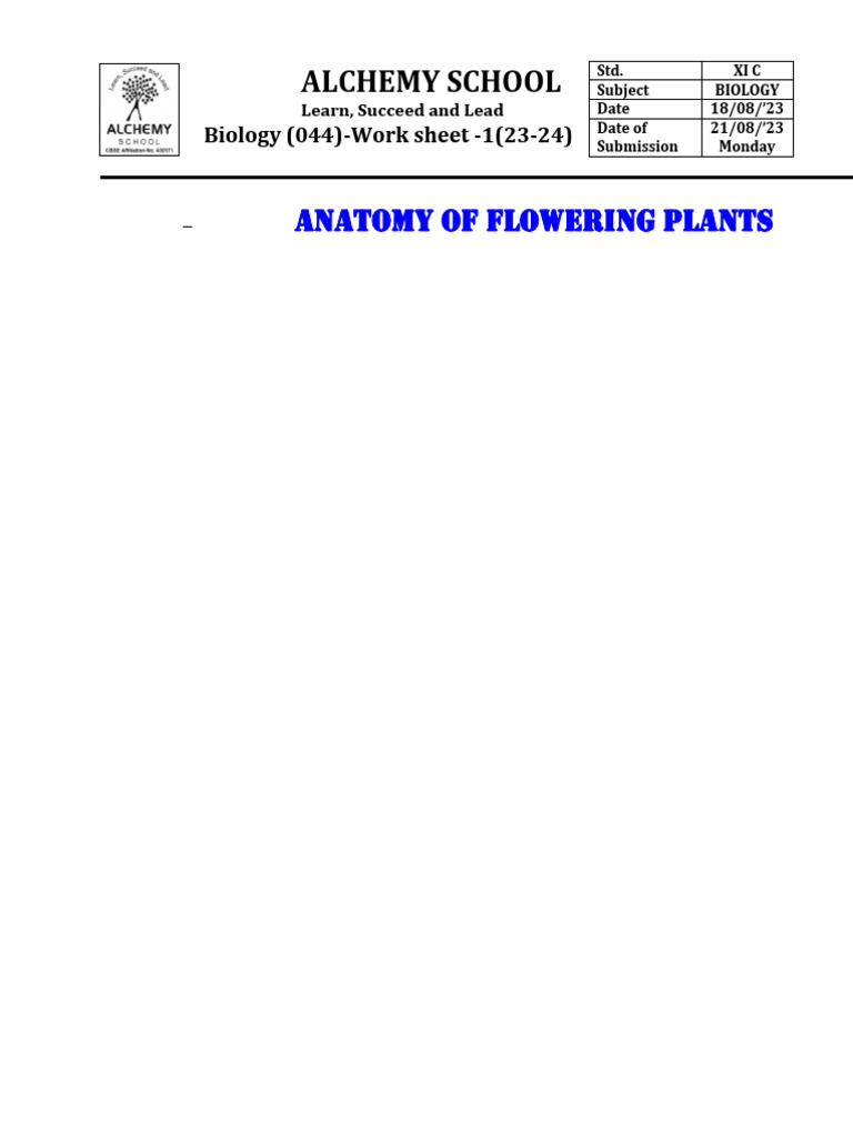 MCQs on Flowering Plant Anatomy | PDF | Tissue (Biology) | Plant Stem