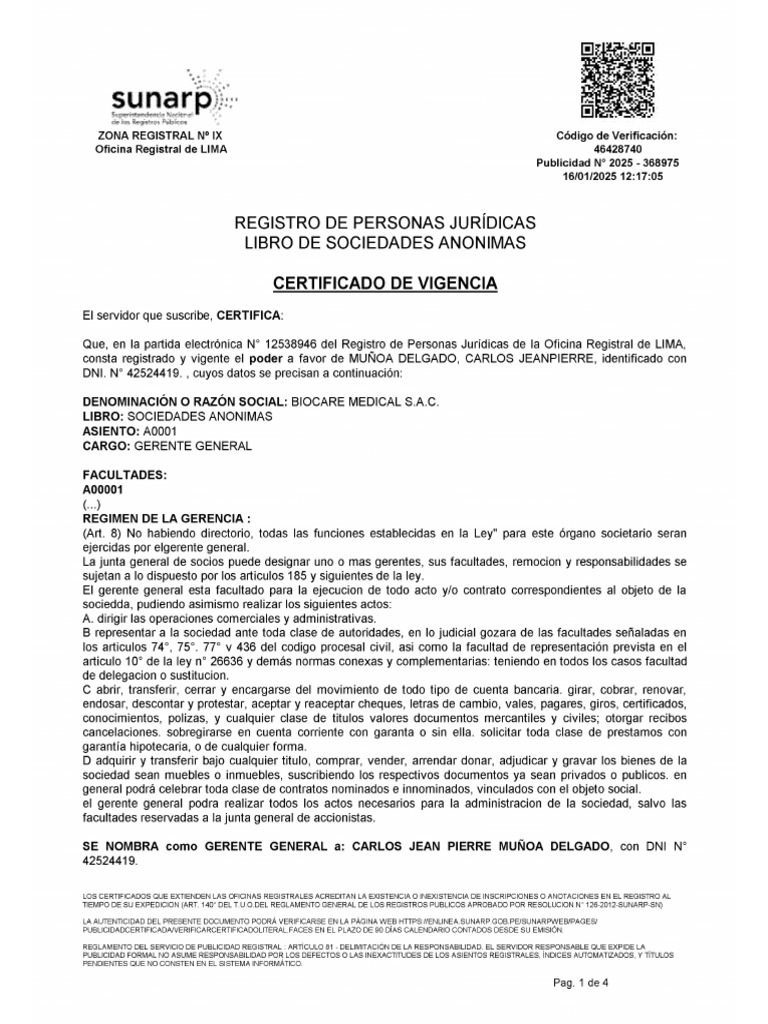 CERTIFICADO DE VIGENCIA DE PODER DE ACTUALIZADO EN 2025 | PDF