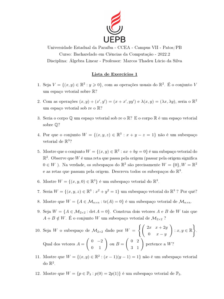 Lista de Exercicios 1 Algebra Linear | PDF