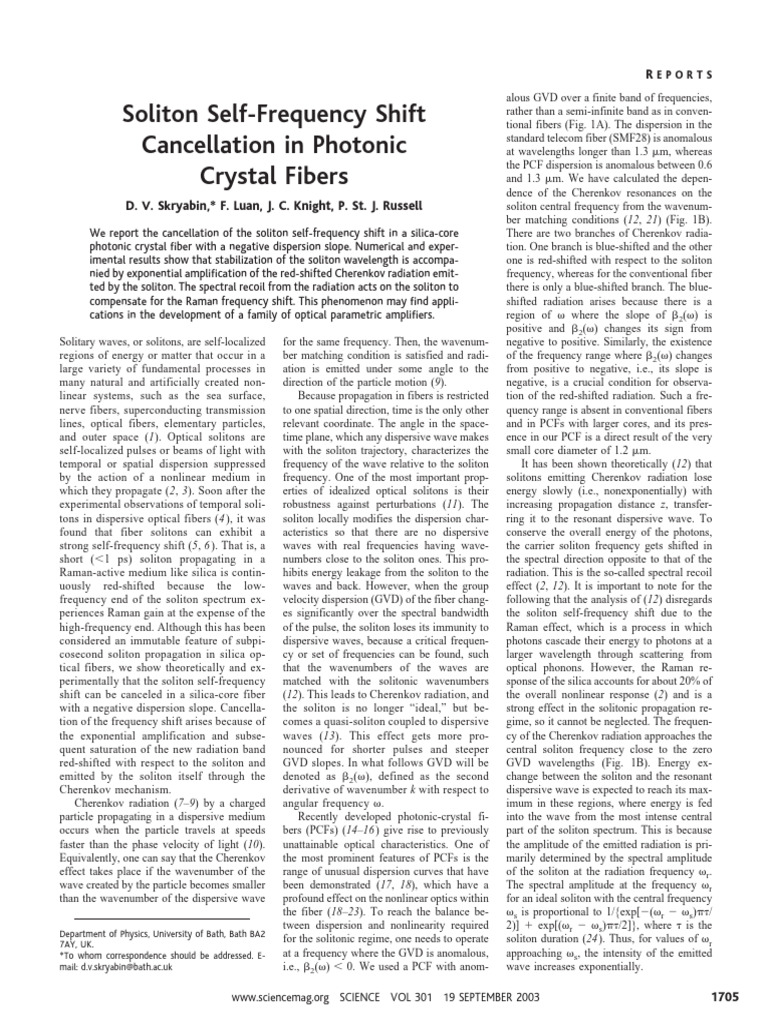 2003science孤子soliton recoil反弹Soliton Self-Frequency Shift Cancellation in Photonic Crystal ...