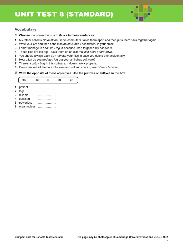 Compact First For Schools Test Generator - Unit Test 8 - (Standard ...