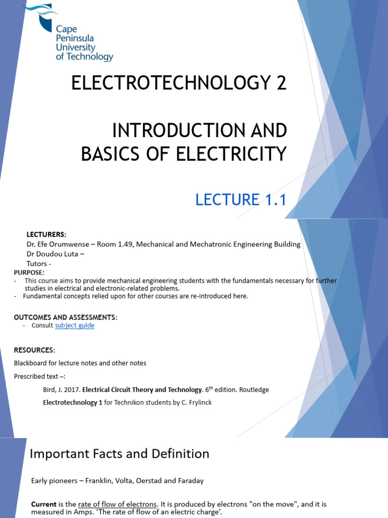 ELC260S Lecture 1 - Basics of Electricity | PDF | Volt | Force