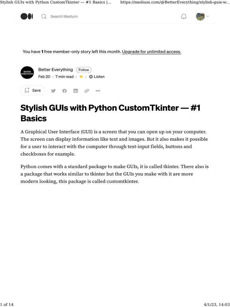 Stylish GUIs With Python CustomTkinter — #1 Basics by Better Everything Feb, 2023 Medium | PDF ...