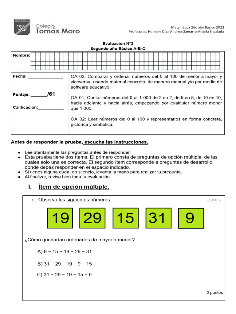2da Evaluación Matemática 2bo Básico | PDF