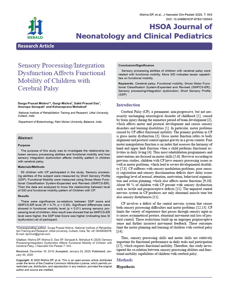 Sensory Processing Integration Dysfunction Affects Functional Mobility ...