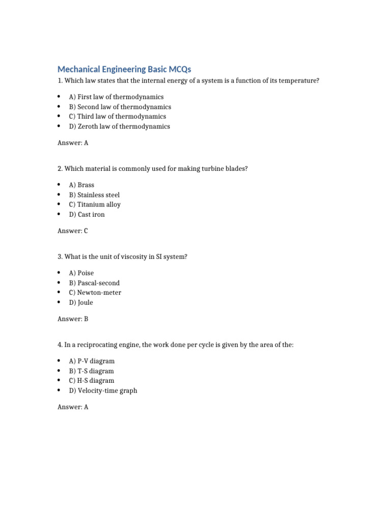 Mechanical Engineering Basic MCQ | PDF