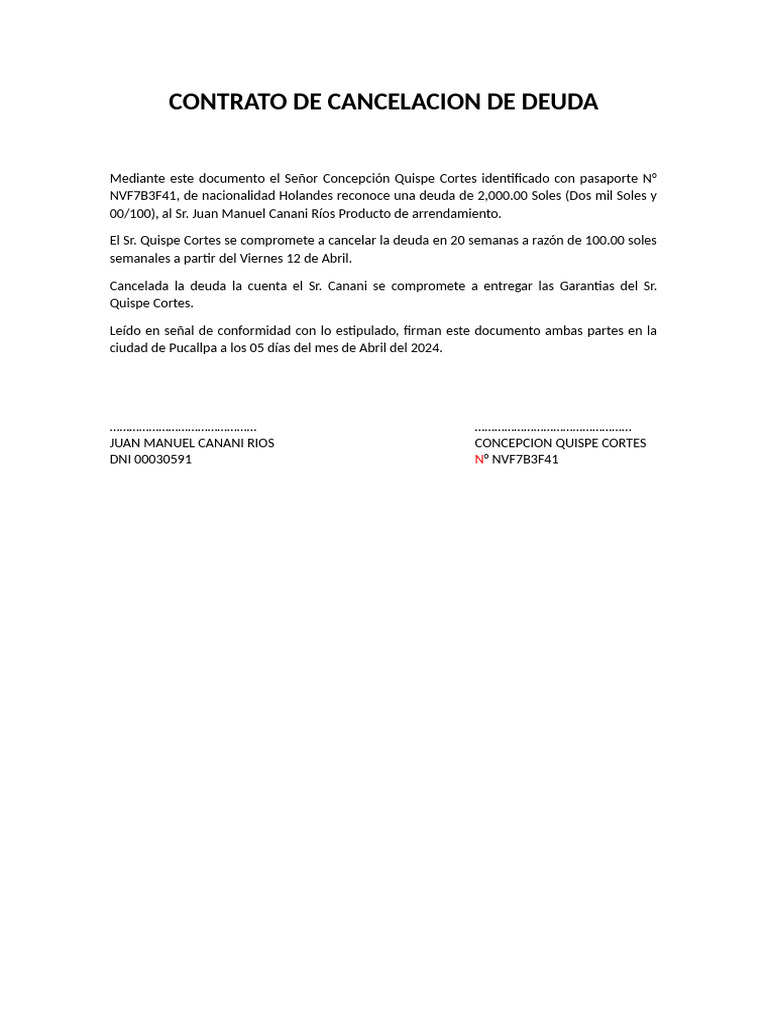 Contrato de Cancelacion de Deuda | PDF
