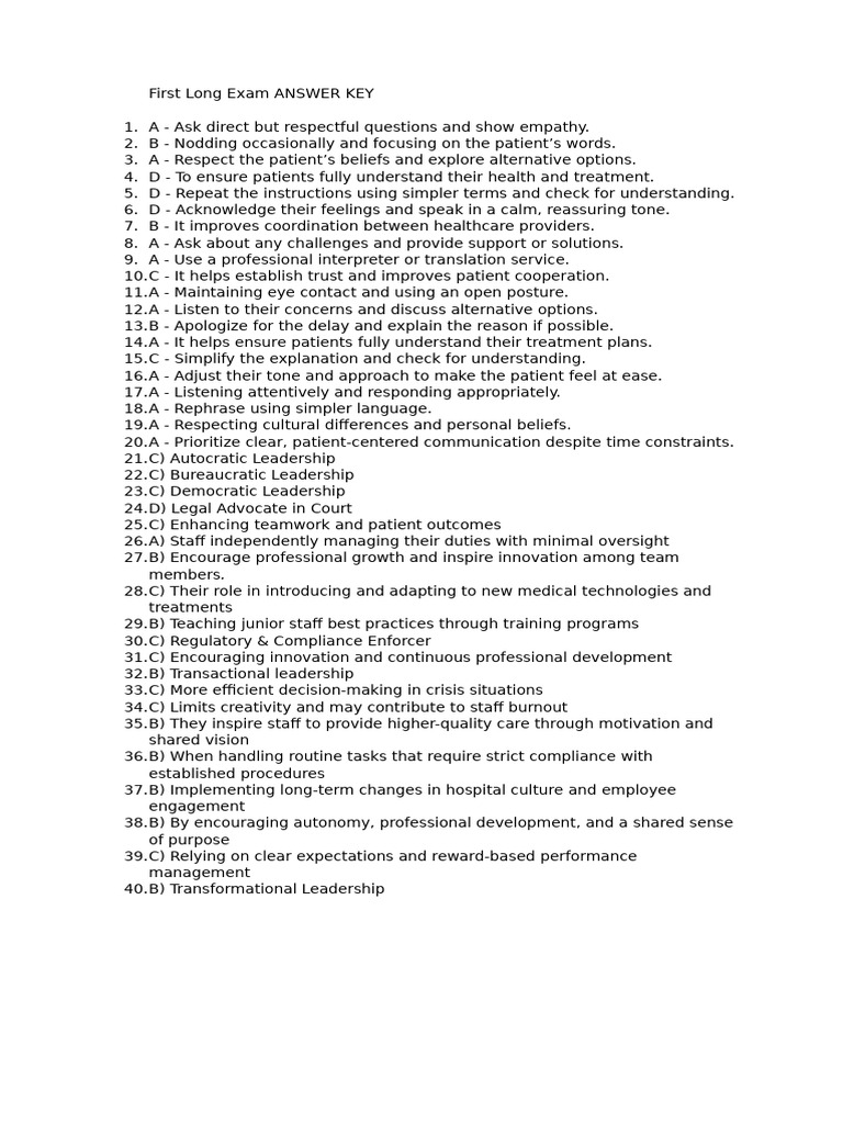 Long Exam Answer Key for Healthcare Communication | PDF | Leadership ...