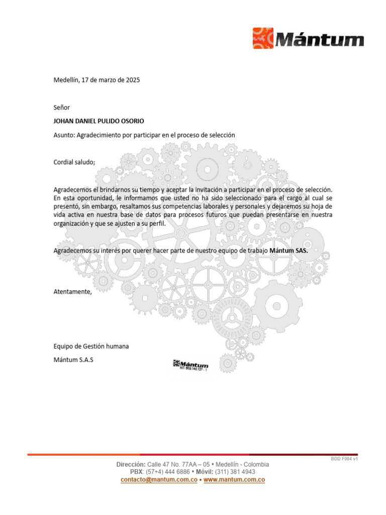 Carta de Agradecimiento Por Participar en El Proceso de Seleccion | PDF