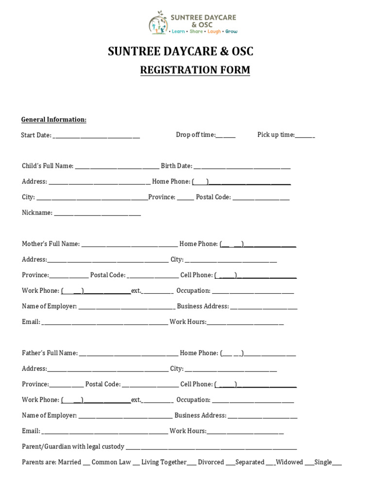 Suntree Day Care-Registration-Form | PDF | Child Care | Fee