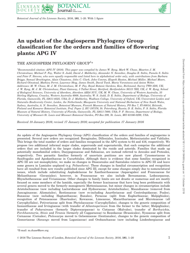 APG IV: Updated Classification of Angiosperms | PDF