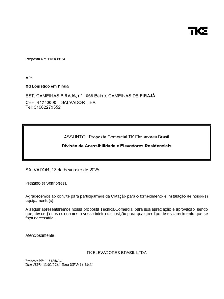 Proposta Elevador Ur TK Elevadores Brasil Obra Brennand Logistica em ...