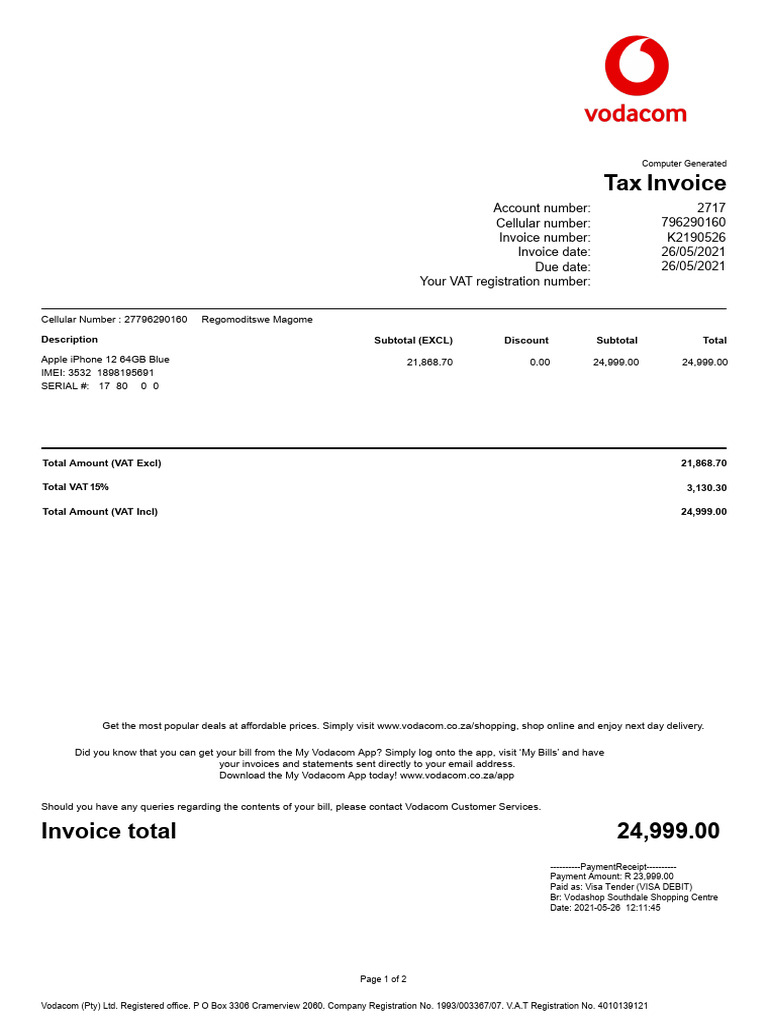 Vodacom Iphone 12 Chenai South Africa PDF | PDF | Invoice