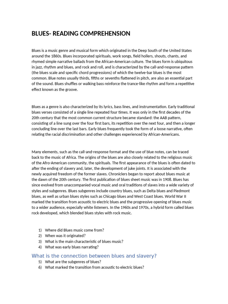 Blues Music Reading Comprehension A2 | PDF | Blues | North American Styles Of Music