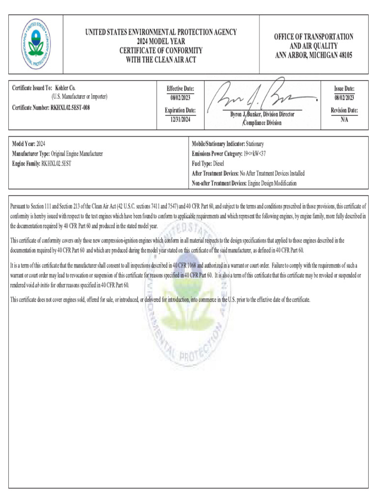 30reozk 2024 Epa Certificate | PDF