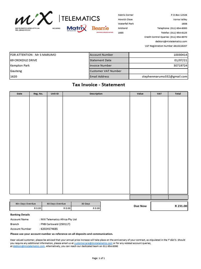 MiX Telematics Account Statement Notice | PDF | Invoice | Payments