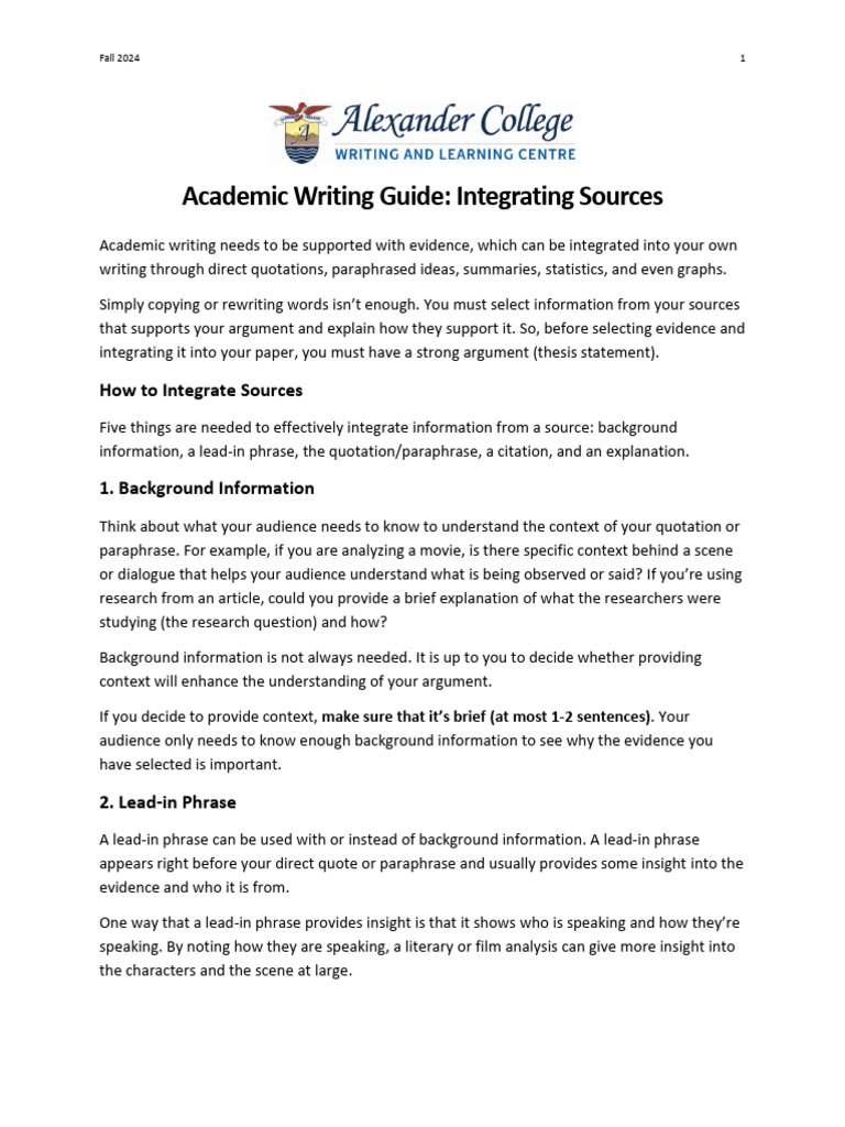 Integrating Sources - Fall 2024 | PDF | Argument | Ellipsis