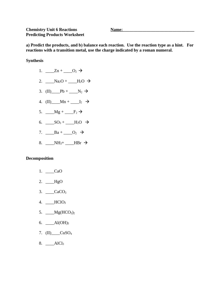 CH U6 A2 Predicting Products Worksheet | PDF