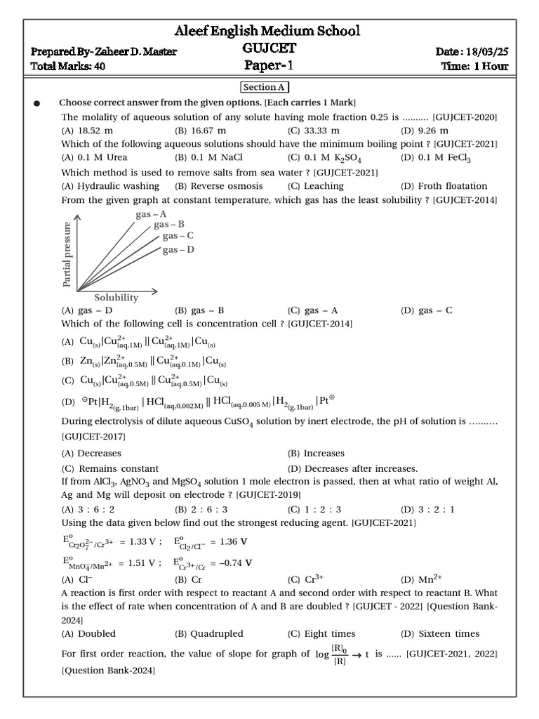 Gujcet Chem Paper 1 18 Mar 2025 | PDF | Physical Sciences | Applied And Interdisciplinary Physics