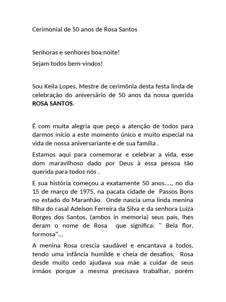 Cerimonial de 50 Anos de Rosa Santos | PDF | Amor