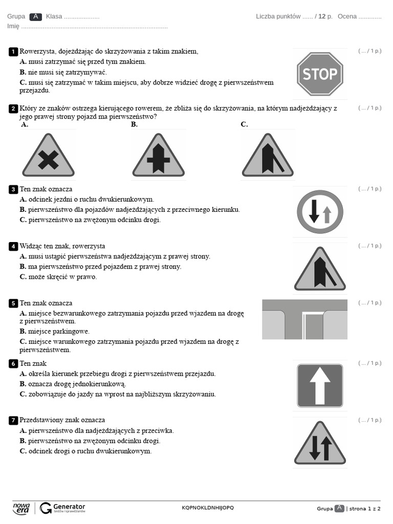 Sprawdzian - Sygnały I Znaki Drogowe, Cz. 1 Test (Z Widoczną Punktacją ...