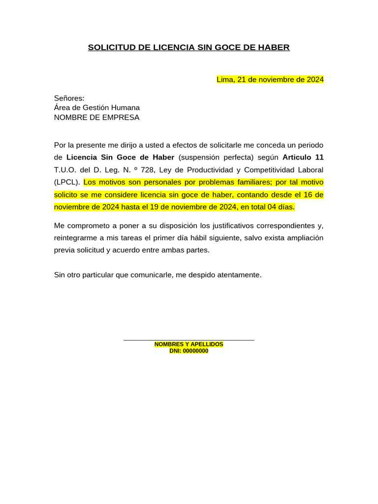 LICENCIA SIN GOCE DE HABER Modelo | PDF