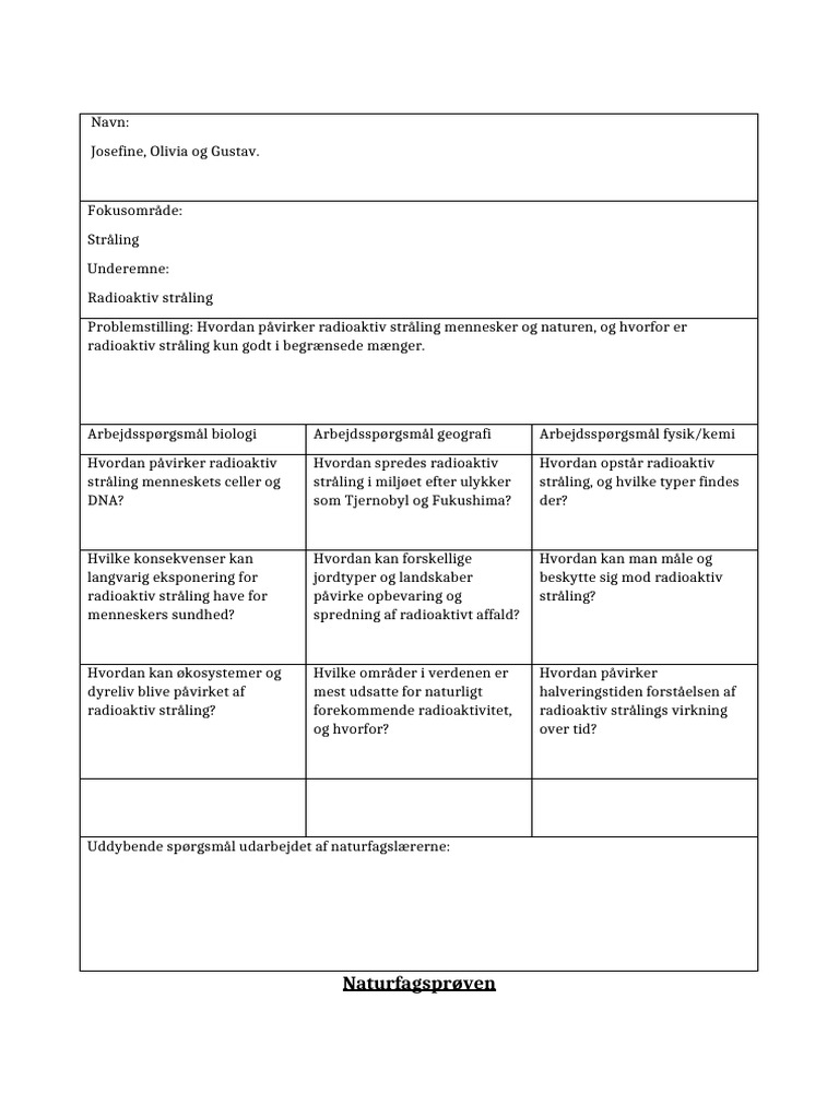 Naturfagsprøven Skabelon-Skema | PDF