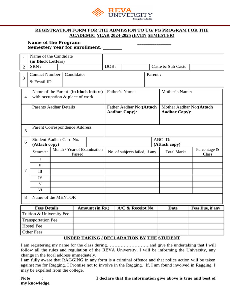 Registration Form 2024 25 Pdf