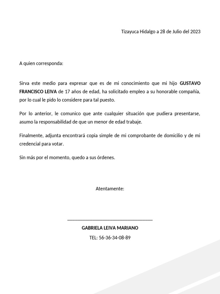 Carta Responsiva Para Menores de Edad | PDF