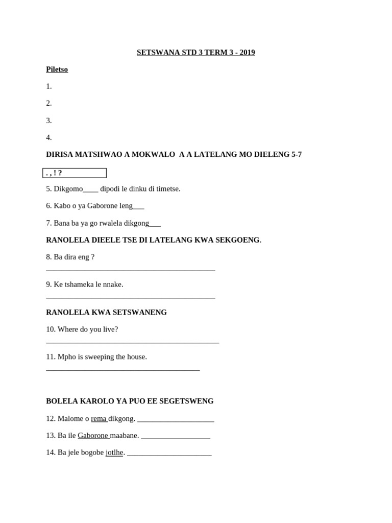 Setswana Std 3 Term 3 Questions | PDF