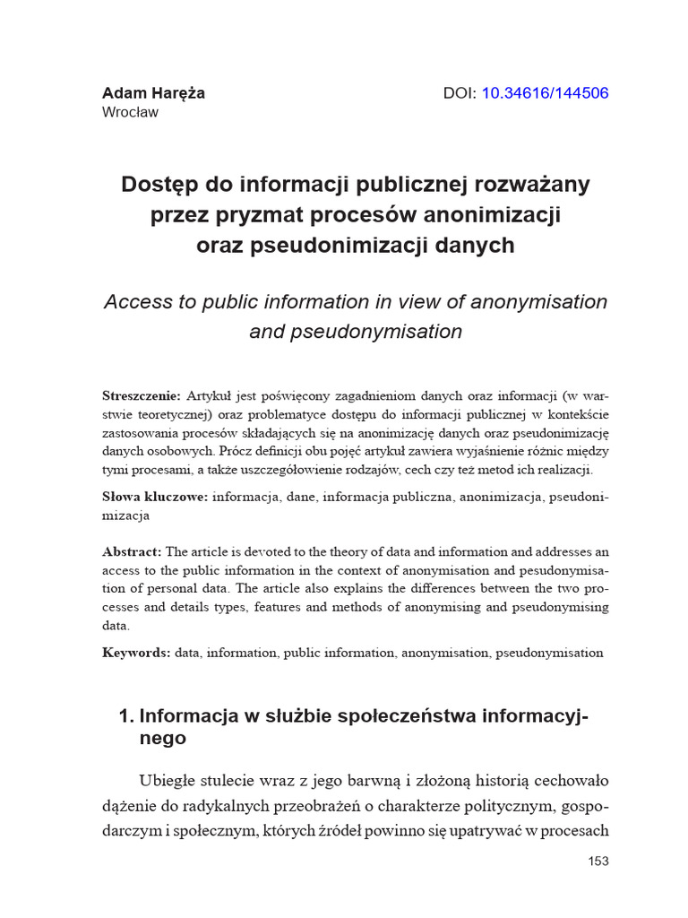 02 02 A Hareza Dostep Do Informacji Publicznej Rozwazany Przez Pryzmat Procesow Anonimizacji ...