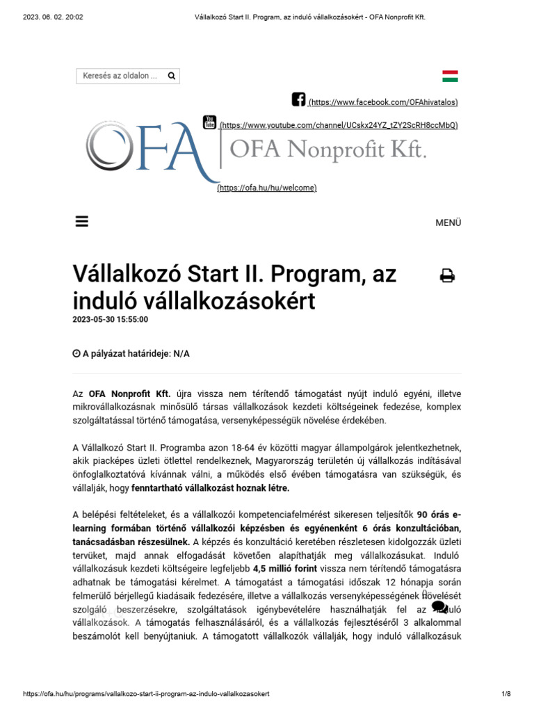 Vállalkozó Start II. Program, Az Induló Vállalkozásokért - OFA Nonprofit KFT | PDF