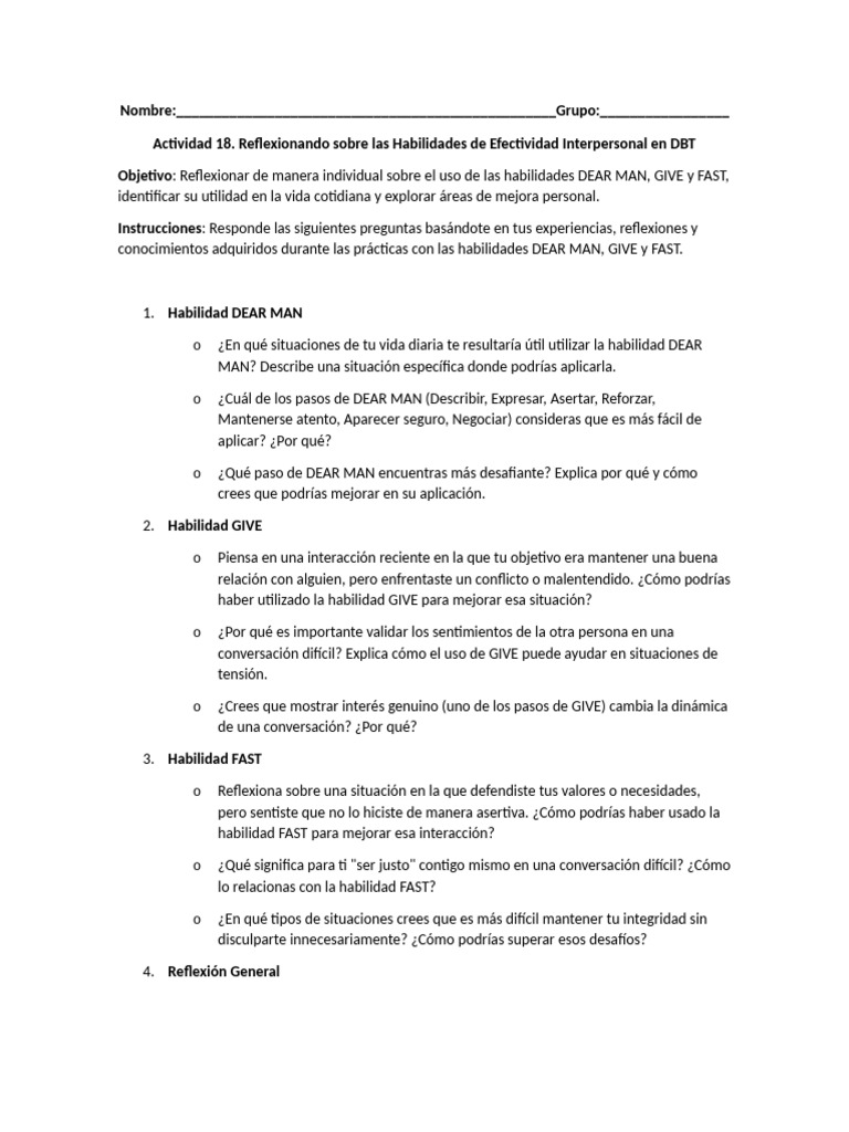 Actividad 18 - Reflexionando Sobre Las Habilidades de Efectividad Interpersonal en DBT | PDF ...