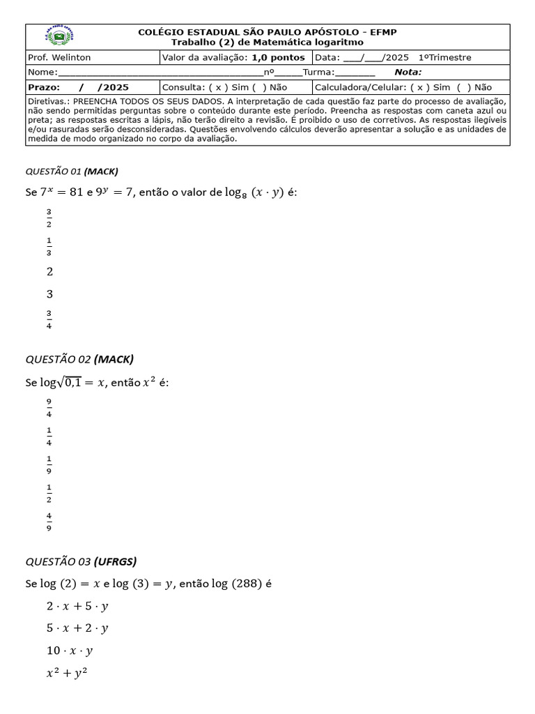 Trabalho Matematica 2 Logaritmo | PDF