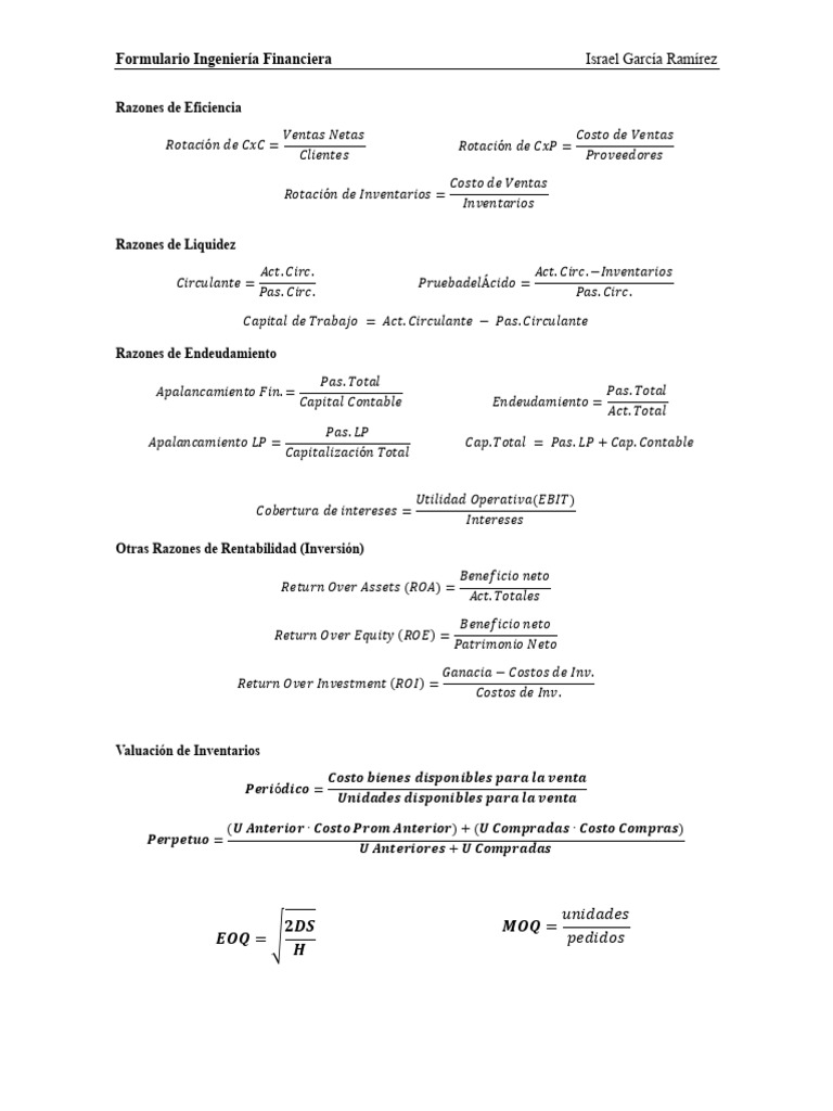 Formulario de Ingeniería Financiera | PDF