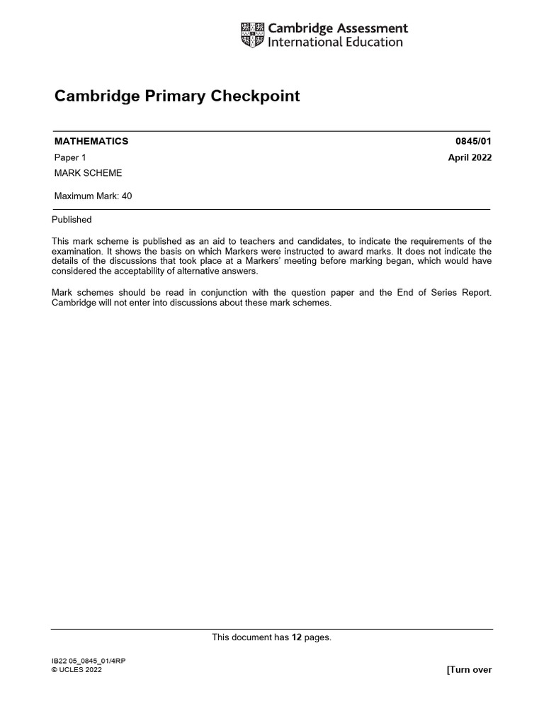 April 2022 Cambridge Maths Mark Scheme | PDF | Arithmetic | Mathematics