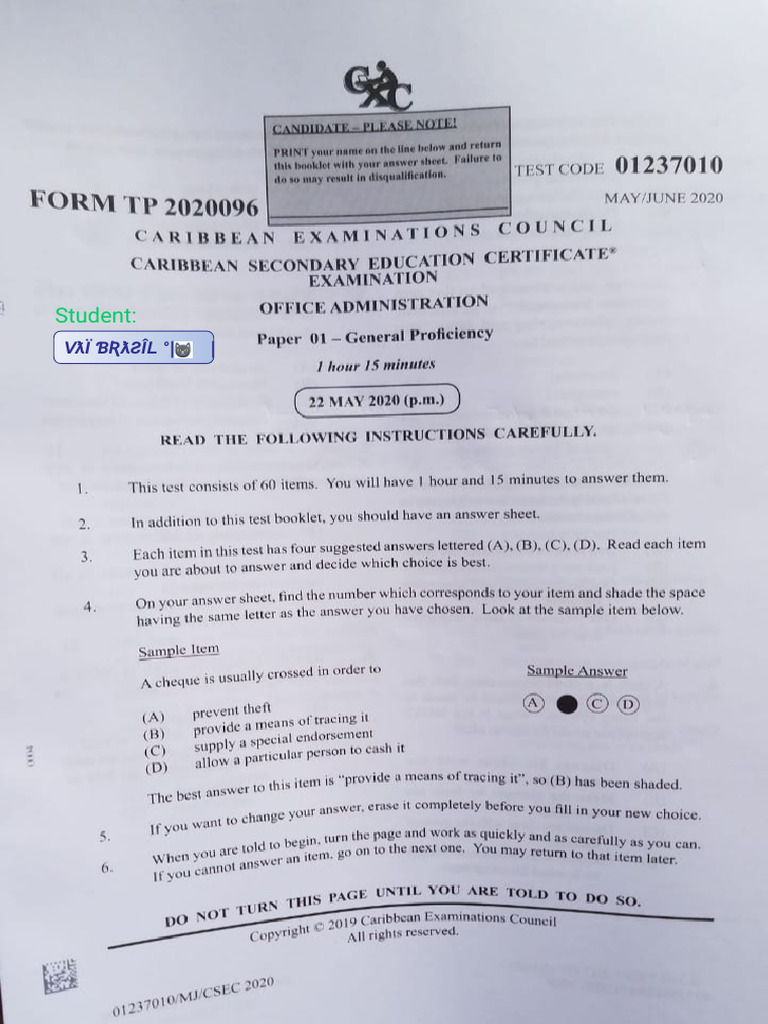 Kami Export - CSEC Office Administration June 2020 P1 | PDF