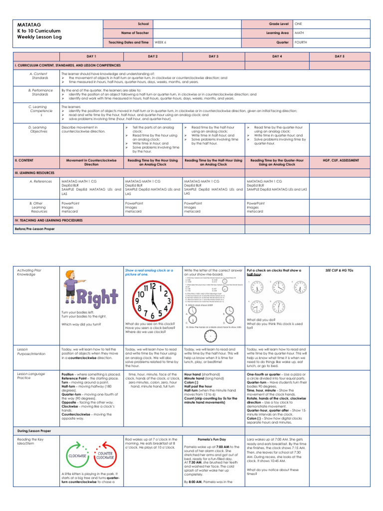 W6 Q4 Math1 Matatag DLL | PDF | Curriculum | Clock