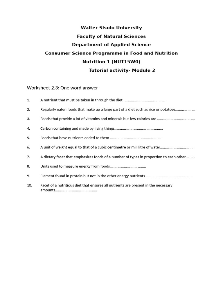Nutrition 1 Worksheet: Key Terms Quiz | PDF
