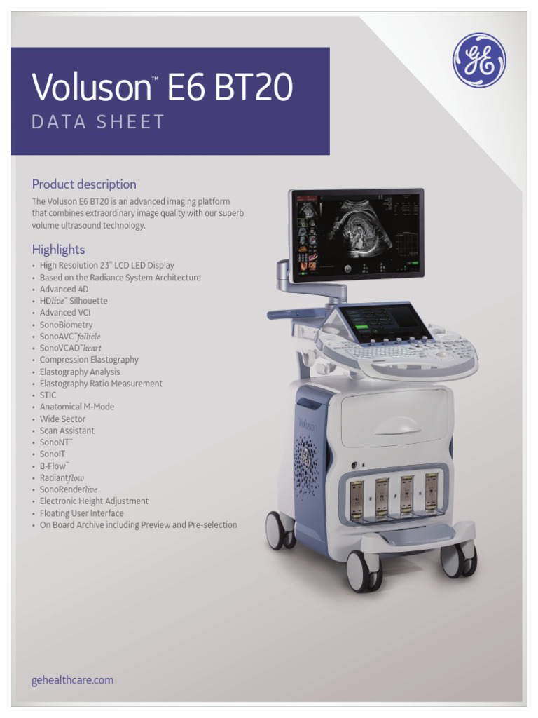 GE Voluson E6 BT20 Data Sheet | PDF | Data Compression | Medical Ultrasound