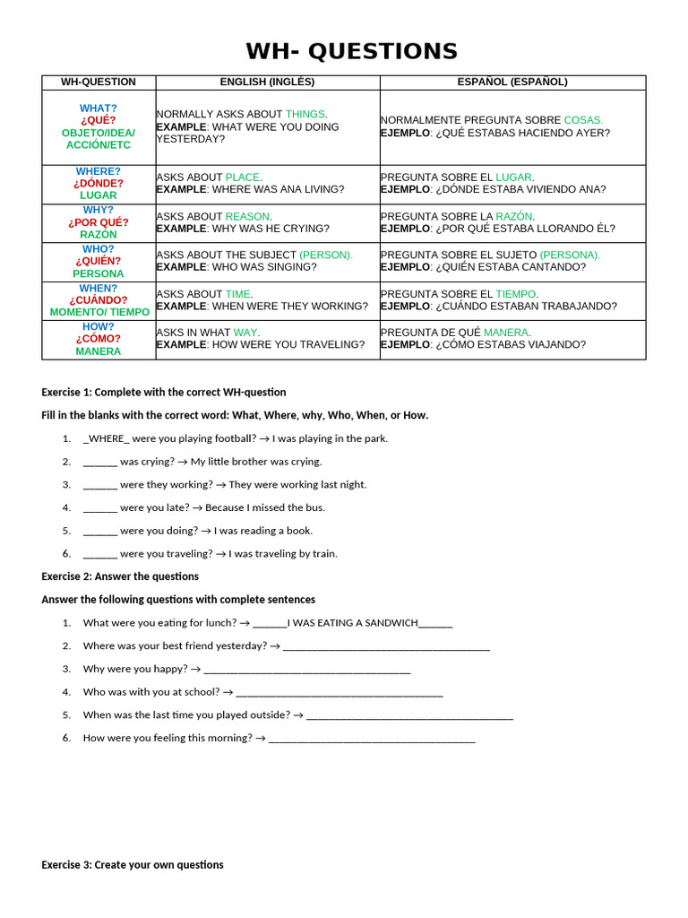 WH QUESTIONS TABLA Y EJERCICIOS | PDF | Grammar | Linguistics