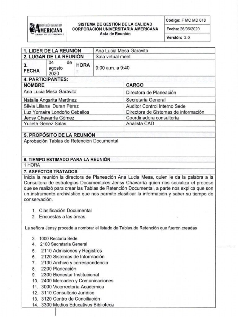 Acta Aprobacion TRD | PDF