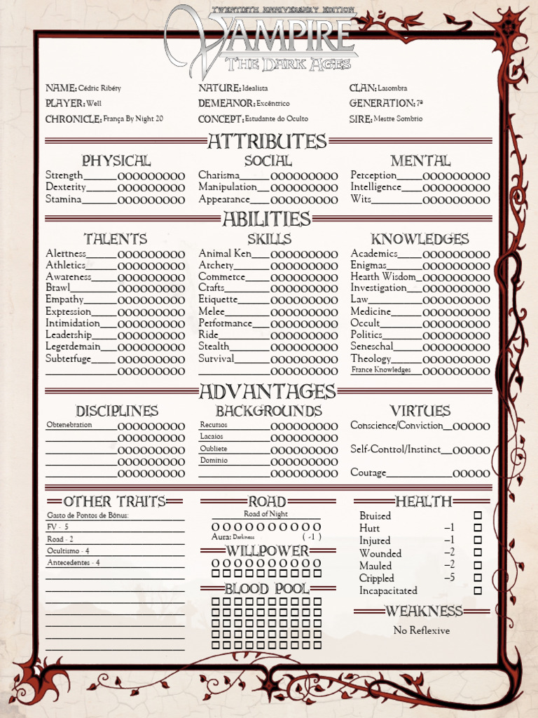 Character Sheet for Vampire RPG | PDF