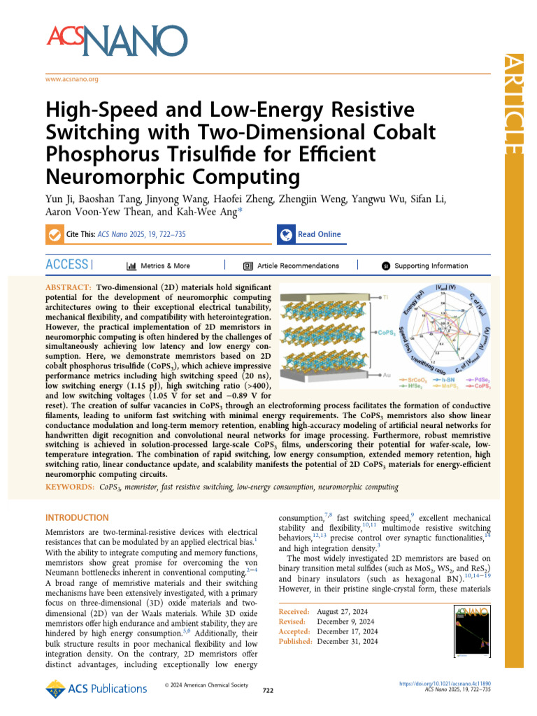 CoPS3 Memristors for Neuromorphic Computing | PDF | Synaptic Plasticity | Synapse
