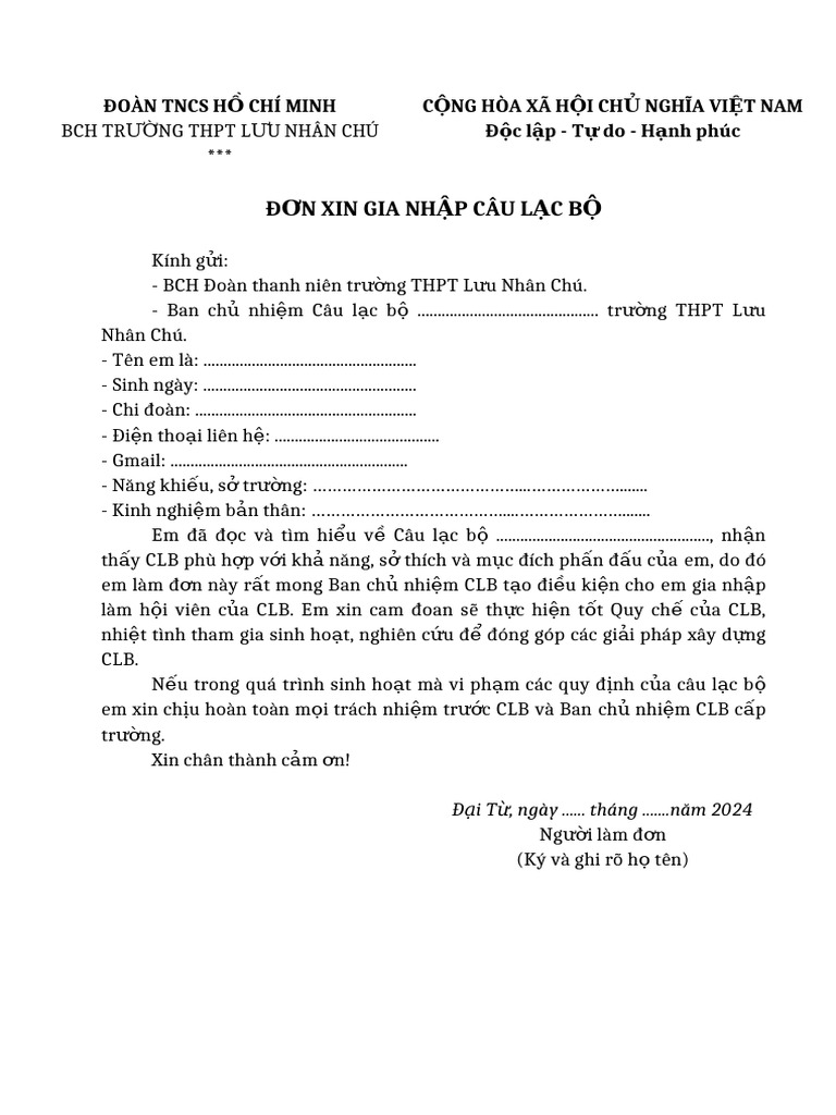 Đơn Đăng Kí CLB | PDF